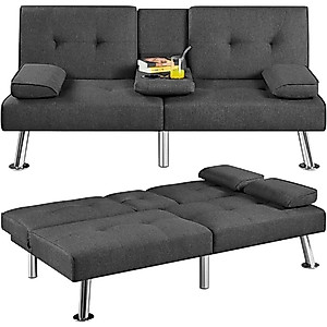 Generic NEW Mr Bedroom Modern Sofa Bed Folding Futon Set Faux Leather Convertible Recliner Lounge for Living Room with 2 Cup Holders, Removable Armrests (Faux Leather, Brown), 3256806216303300