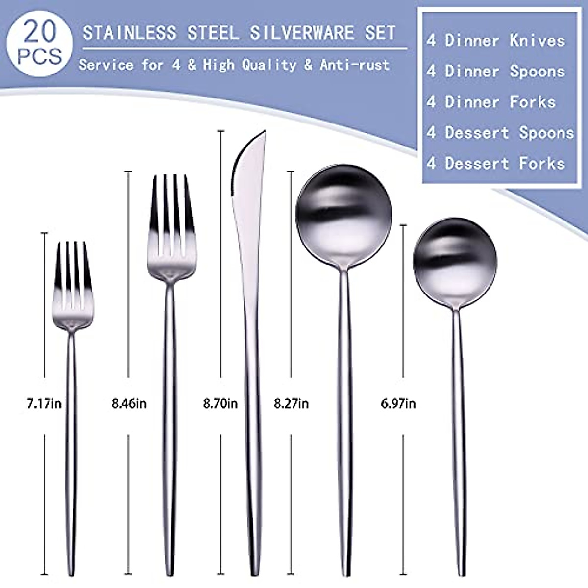 20-Piece Matte Silver Flatware Set for 4, 18/10 Stainless Steel Silverware Kitchen Utensils, Restaurant Tableware Cutlery, Dishwasher Safe