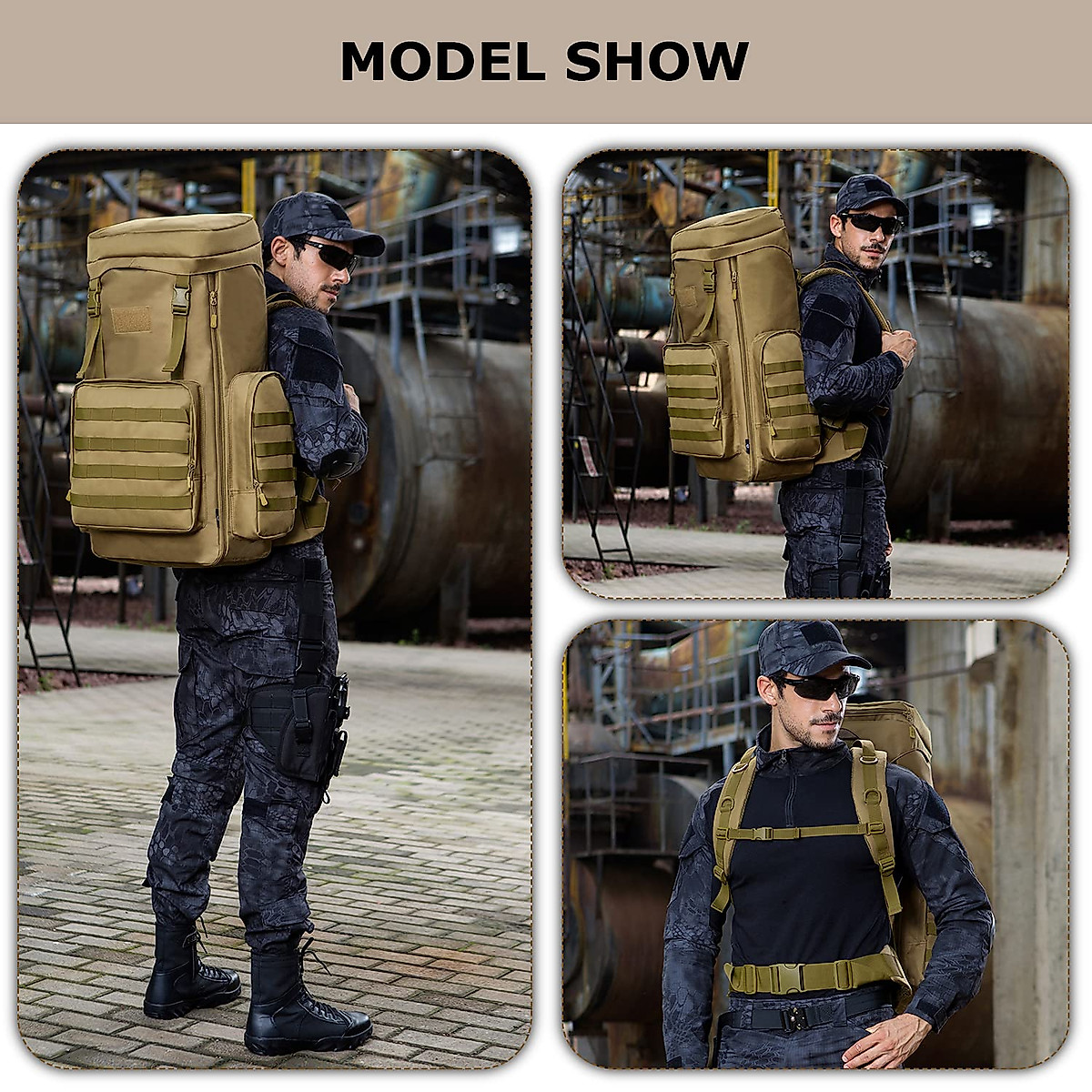 SunForMorning Large Tactical Hiking Daypack 70-85L Military MOLLE Assault Backpack Army Traveling Camping Pack Bug Out Bag Outdoor Rucksack (Rain Cover & 2 Patch Included), Brown