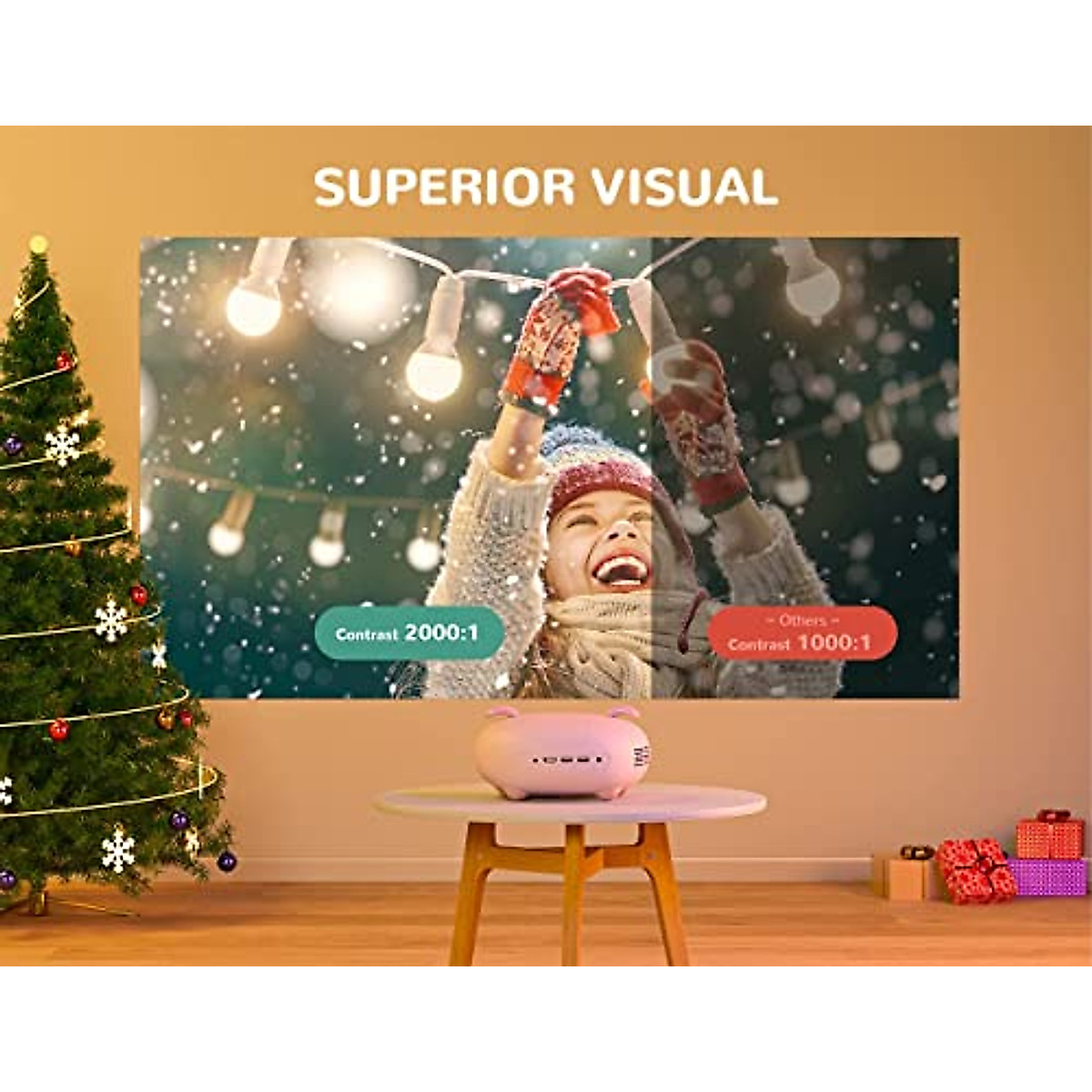 Mini Projector, Portable Video Projector w/ 1080P Supported and 300'' Display, LED Phone Projector for Kids Gifts, Cartoons TV Movie, Party Game, Compatible with HDMI, USB, TV Stick iOS & Android