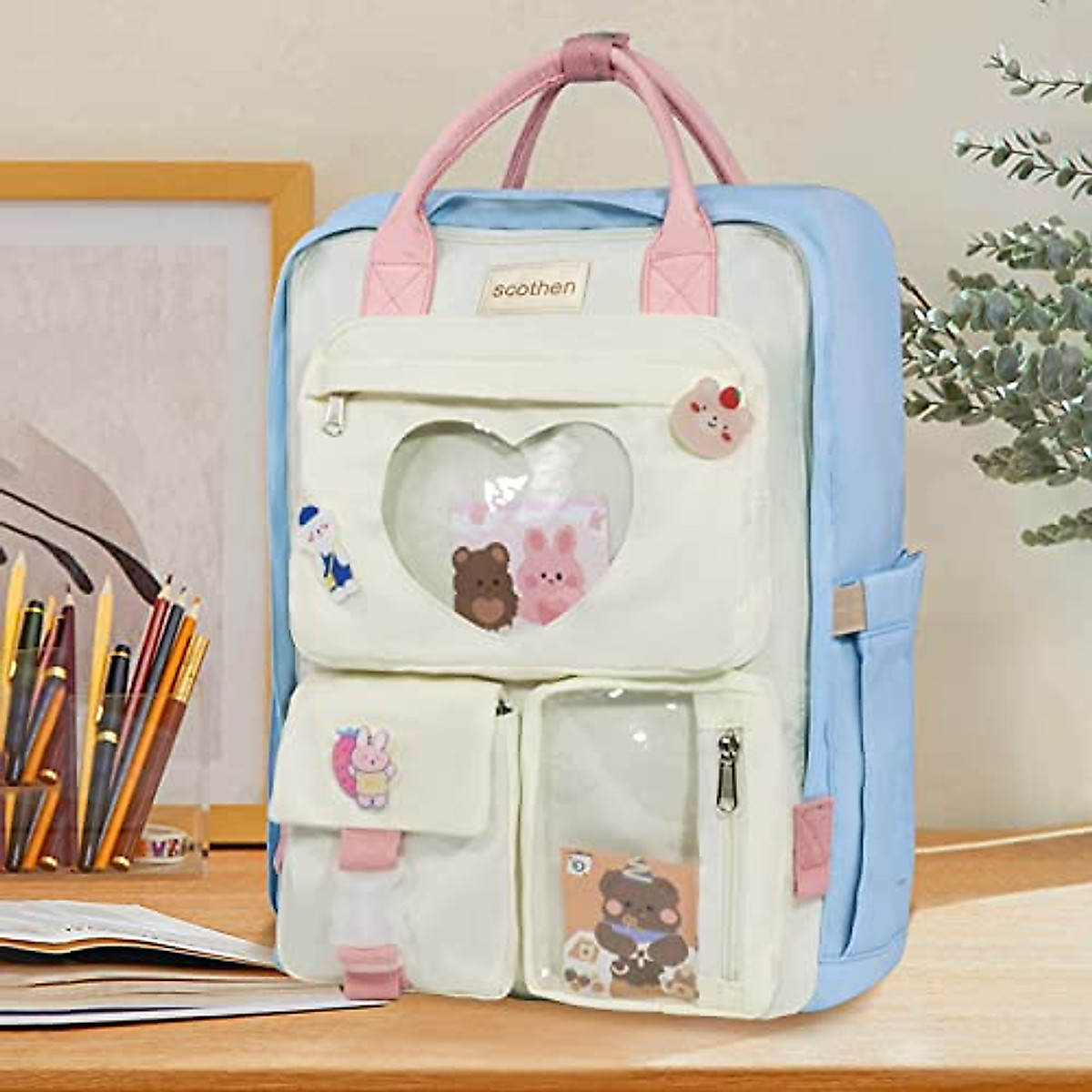 Backpack for Girls,Kawaii Backpack,Pin Display Backpack with Cute Pins,Kids School Bag,Heart Ita Backpack,Cute Aesthetic Bookbag for Teen Girls,Japanese Backpack for Elementary Middle School Girls