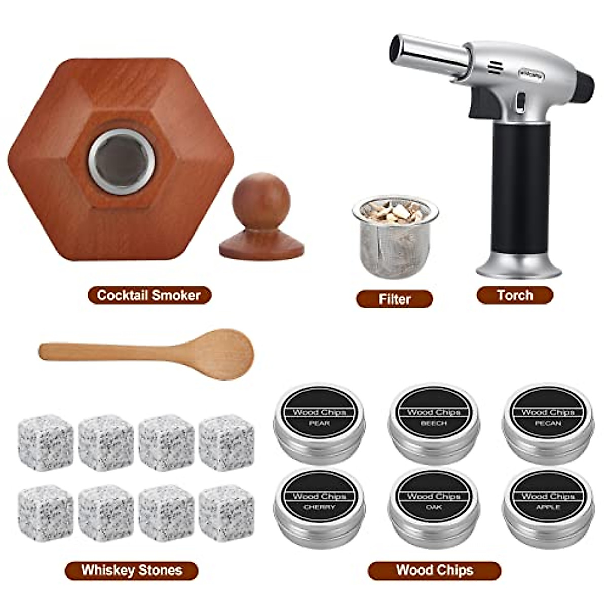 Cocktail Smoker Kit, PESUITOR Old Fashioned Whiskey Smoker Kit with Torch Marble Stones Wood Chips, Drink Smoker Infuser Kit Birthday Bourbon Whiskey Gifts for Men, Dad, Husband Father (No Butane)
