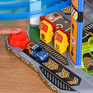 Qaba 7-Level Car Parking Garage Toy Dual Race Tracks Car Ramp Set Toddler Car Games 102 PCS w/Electric Elevator Wash, Gas, Ejector & Car Repair Station Metal Cars for 3-6 Years Old