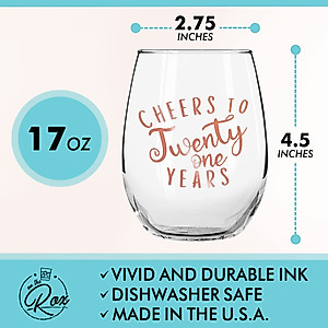 On The Rox Drinks 21st Birthday Stemless Wine Glass Gifts for Women - Cheers to 21 Years Old Wine Glass Birthday Present - Rose Gold Print Ideal for Women, Friend, Sister Turning Twenty One - 17 oz