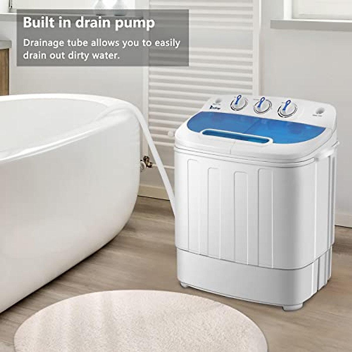 Imseigo Compact Portable Mini Compact Twin Tub with Built-in Drain Pump Washing Machine 13Lbs Washer Spain Spinner Portable Washing Machine Blue+White