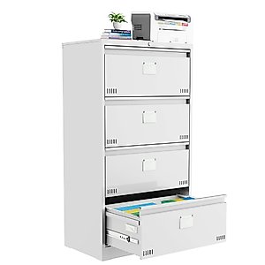 Lateral File Cabinet 4 Drawer Metal Filing Cabinets for Home Office, White File Storage Cabinet with Lock for Letter/Legal A4 Size, Locking Horizontal Filing Cabinet with Card Slot