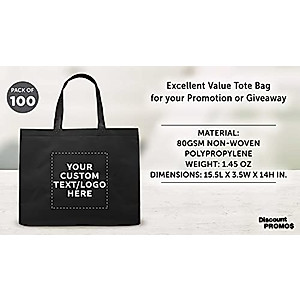 DISCOUNT PROMOS Jumbo Sized Tote Bags Set of 100, Bulk Pack - Grocery, Shopping, Travel, Carry on Bag, Totes for Women, Reusable, Black