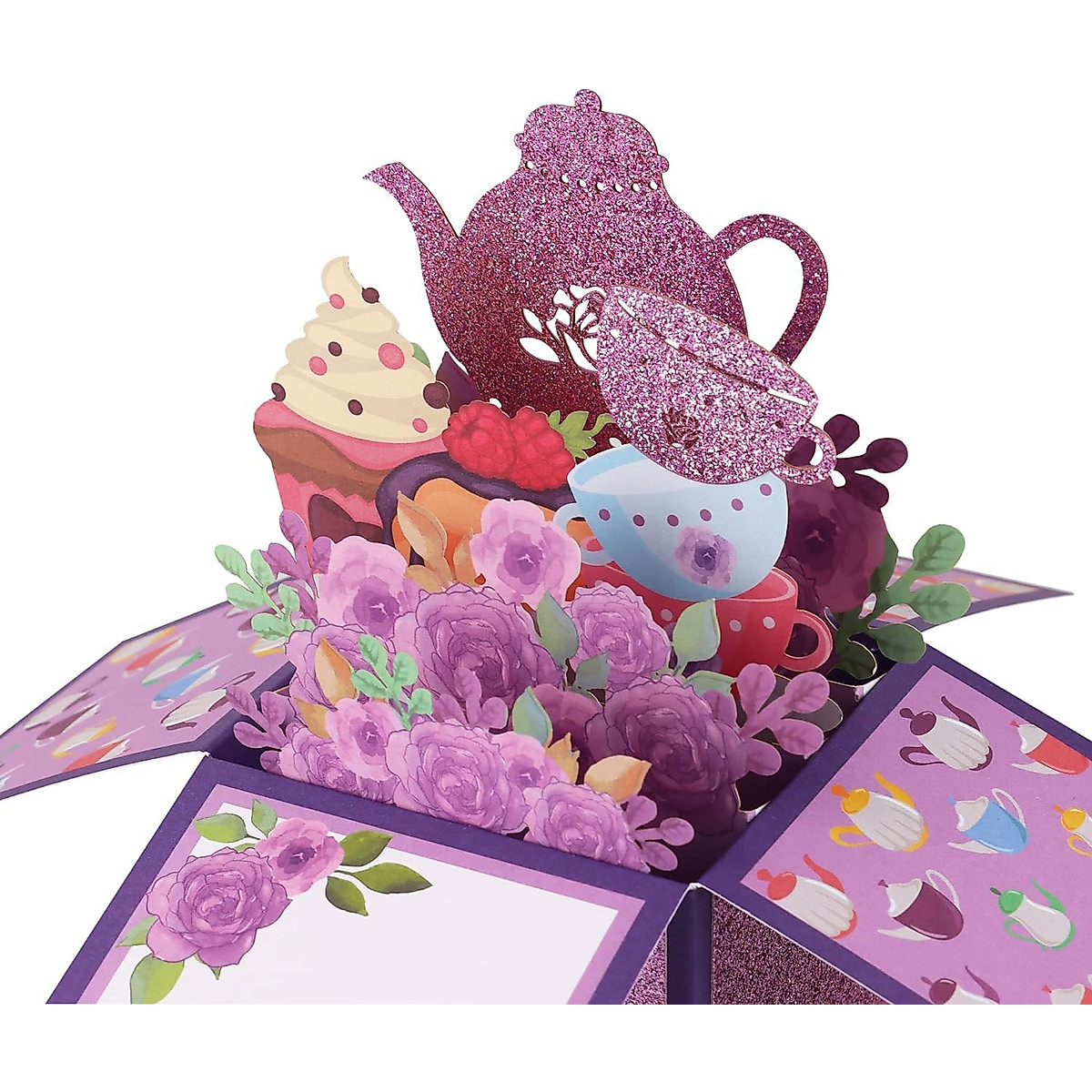 Giiffu Mothers Day Card, Tea Theme, Tea Time 3D Pop Up Card, 3D Flower Pop Up Greeting Card with Note Card and Envelopes, for Mothers Day, Birthday, Tea Party (Purple)