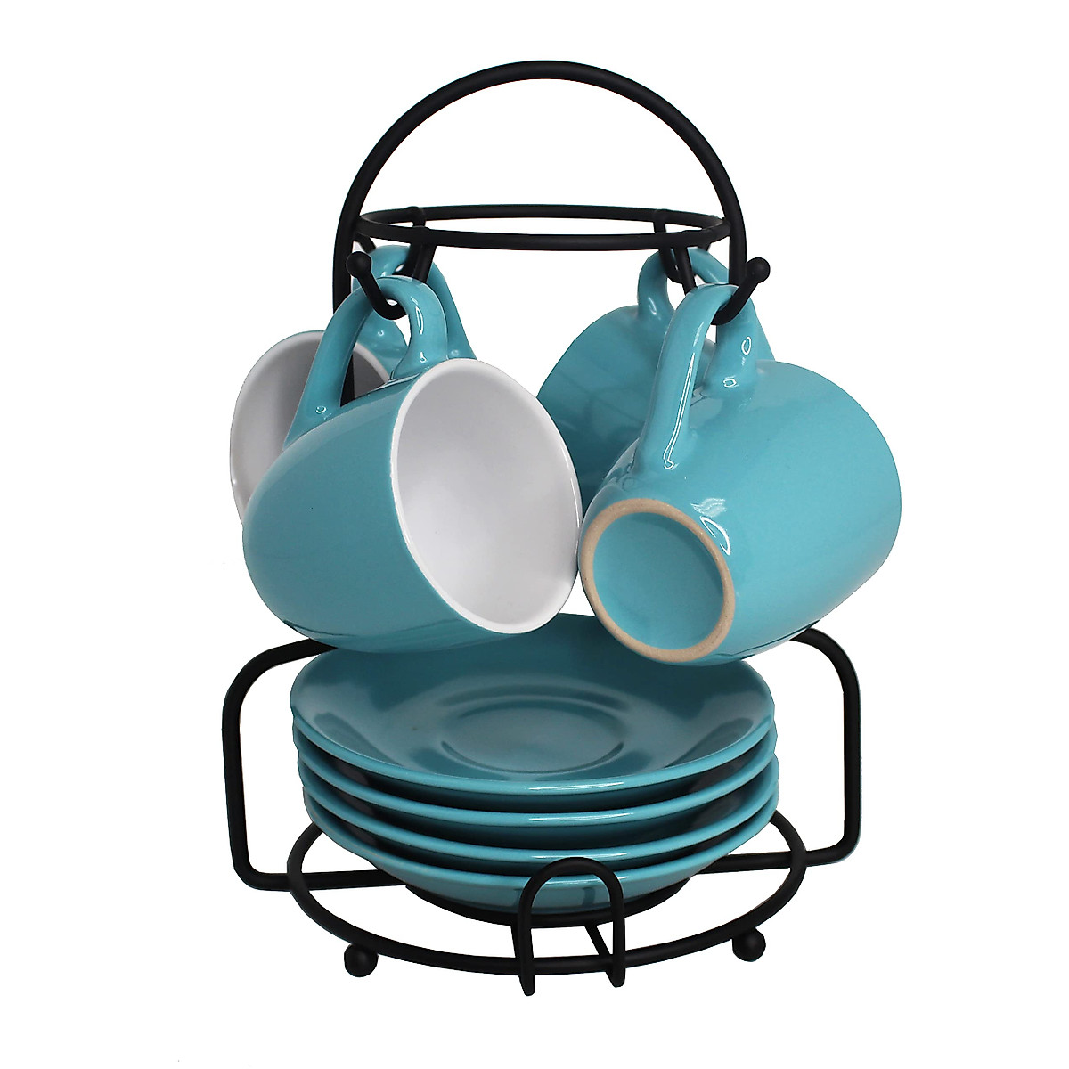 IMUSA USA 8pc 3oz Blue and White Espresso Cups & Saucers Set w/Storing Rack, 8pc, Teal