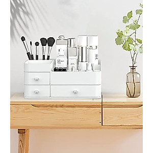 Makeup Organizer Storage with Drawers, Cosmetic Display Case for Brushes, Lotions, Perfumes, Eyeshadow, Nail Polish Ideal for Bathroom, Dresser, Countertop (White)