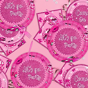 96 Pcs Let's Go Party Pink Plates and Napkins Party Supplies Kids Girls Bachelorette Bridal Shower Hot Pink Princess Happy Birthday Tableware Set Disco Table Decorations Favors Serves 24 Guests