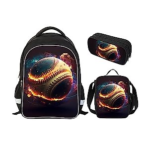 AnySmic Baseball Backpack for School, Kids Bookbag Set with Lunch Box and Pencil Case for Boys, Girls