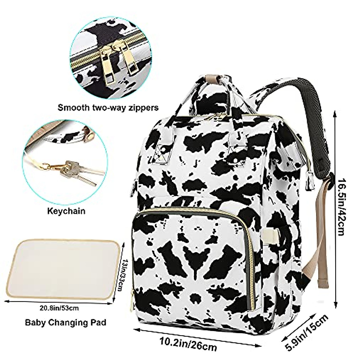 Yusudan 3 in 1 Cow Print Diaper Bag Backpack for Baby Girls Boys, Nappy Bags with Diaper Pad Stroller Straps