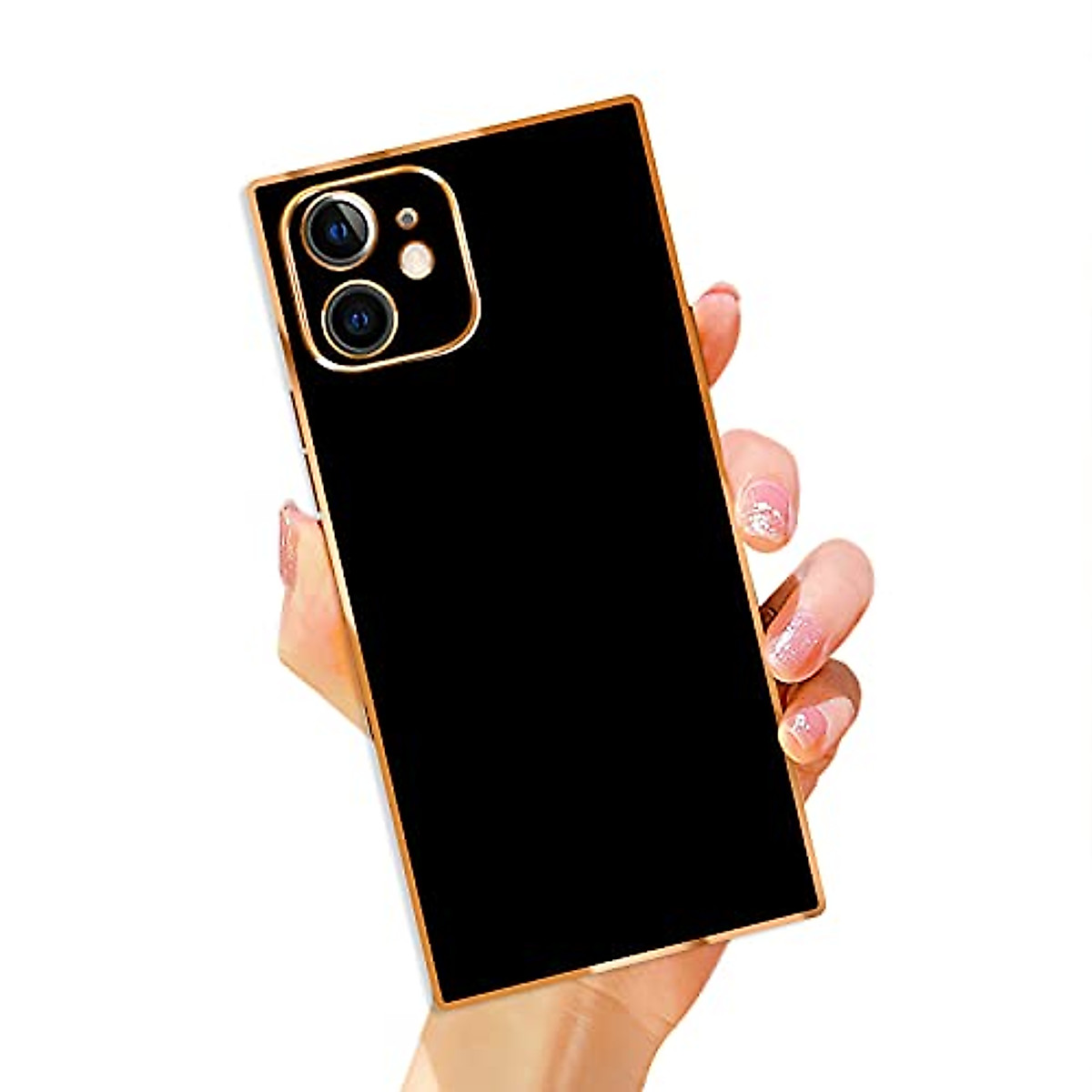 Omorro Square Case Compatible with iPhone 13 Pro Case for Women Girls Cute Candy Bright Luxury Gold Glitter Plating Edge Soft Slim TPU Gel Camera Lens Protective Girly Square Cover Case Black