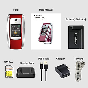 Easyfone T300 4G Unlocked Big Button Flip Cell Phone for Seniors, Clear & Loud Sound and Hearing aid Compatible, SOS Button, SIM Card Included, Big Battery with a Charging Dock, FCC Certified (Red)