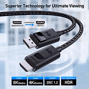 Cable Matters 8K DisplayPort 1.4 to HDMI 2.1 Cable - 6ft / 1.8m, with 4K 240Hz / 8K 60Hz, Unidirectional Display Port to HDMI 2.1 Cable, Supports RTX4080, RX7900, Not Work with PS5, Black