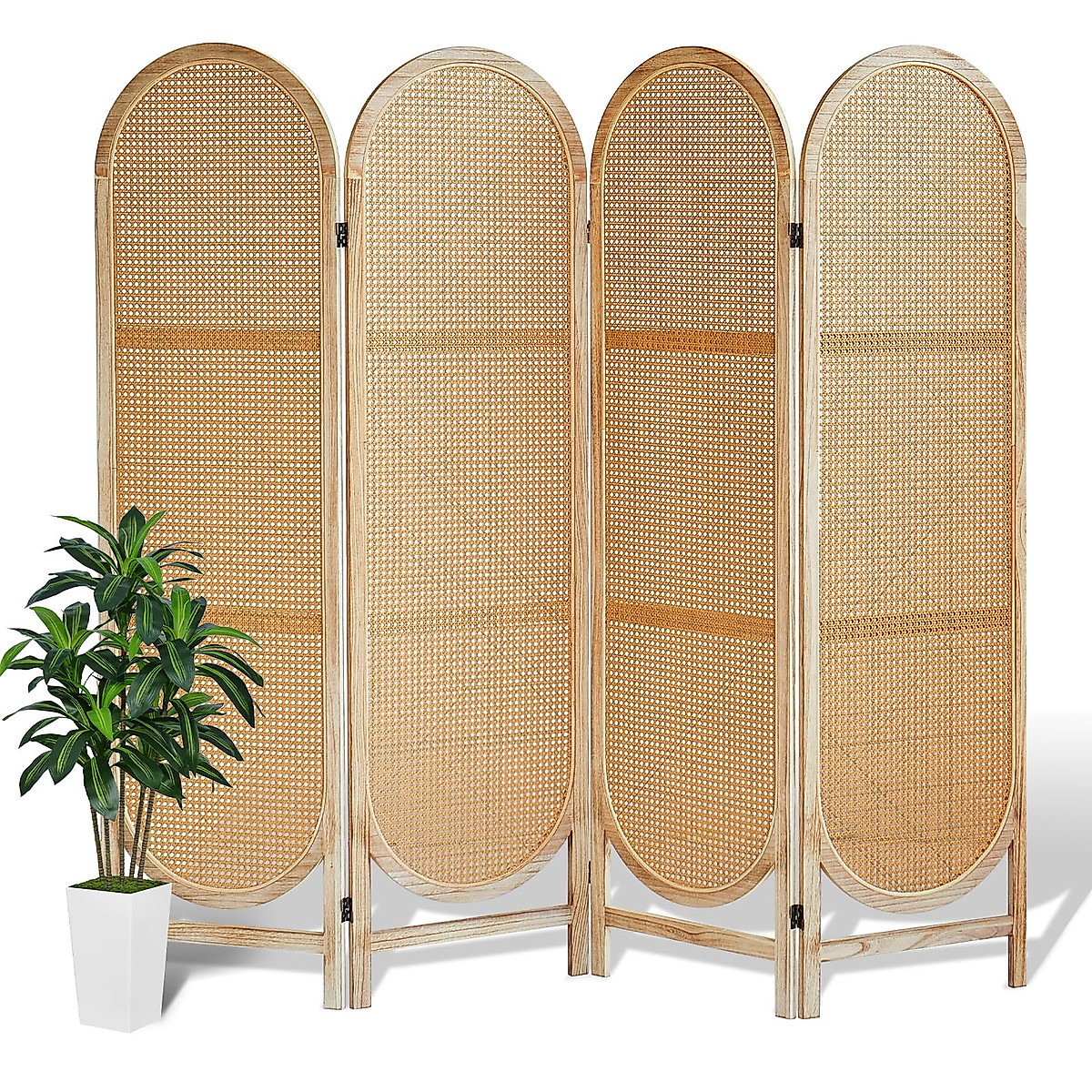 Asnefeli 4 Panels Room Dividers, Foldable Wooden Room Dividers, Individual Privacy Screens Made of Hand-Woven Rattan, Portable Wall Dividers for Home Office Bedroom Bathroom Dressing Room (Natural)