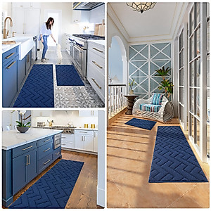 hicorfe Kitchen Rugs and Mats Sets,2 Pieces Super Absorbent Polypropylene Non-Slip Rug,Soft Comfort Floor Mat,Washable for Kitchen,Hallway,Office,Sink,Laundry(20" x 31.5"+20" x 48",Navy Blue)
