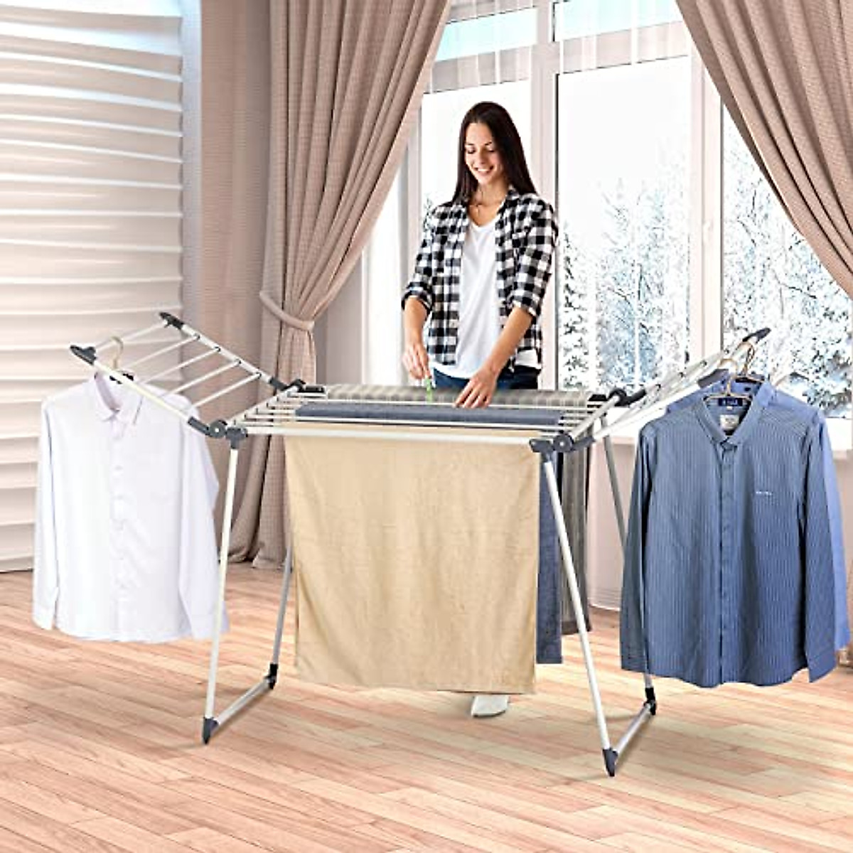 YUBELLES Clothes Drying Rack, Gullwing Laundry Rack, Collapsible, Space-Saving Laundry Rack, with Sock Clips, for Clothes, Towels, Linens, Indoor/Outdoor