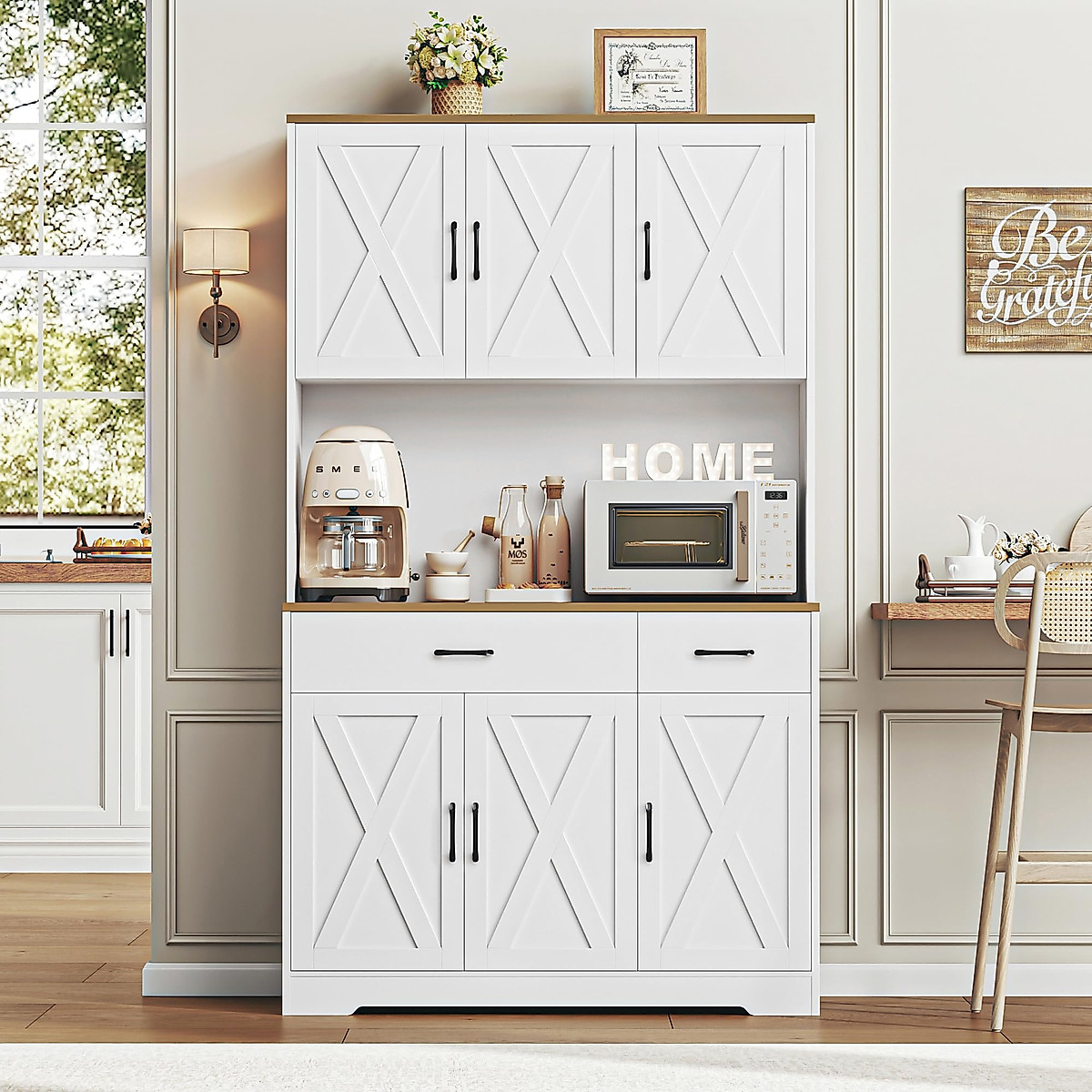 HOSTACK 71" Pantry Cabinet with Charging Station, Tall Kitchen Pantry Storage Cabinet with Microwave Stand, Farmhouse Kitchen Hutch Cabinet with Storage Drawers for Living Room, Dining Room, White