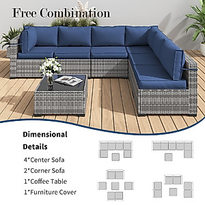Amopatio Patio Furniture Set, Outdoor Patio Furniture Wicker Furniture Couch Set, 7-Pieces Outdoor Sectional Sofa with Patio Furniture Cover, Outdoor Patio Set for Home Furniture (Navy Blue)