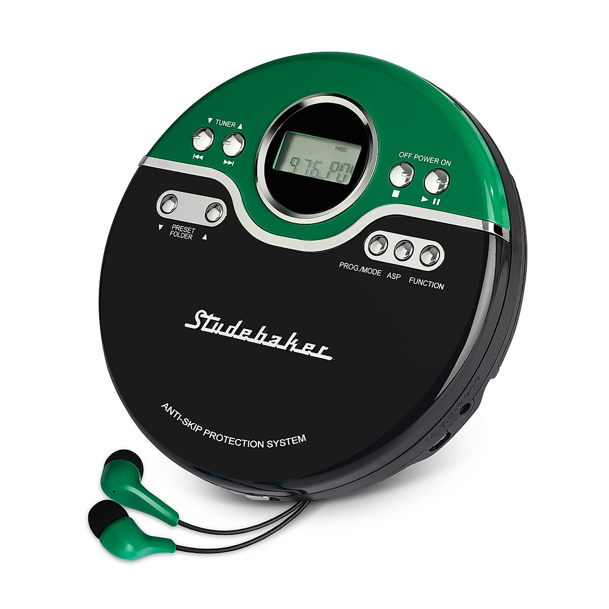 Studebaker Green Retro Portable CD Player | CD-R/RW MP3 Playback | Programmable Personal CD Player | Anti-Skip | FM Radio | Mega Bass Boost | Sport Earbuds (Vintage Green)