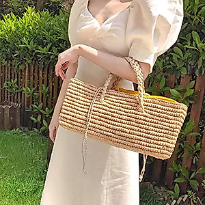 QTKJ Fashion Women Summer Straw Bag with Drawstring, Hand-woven Beach Handbag Top Straw Handle Boho Tote Bag Shopping and Travel Large Bag