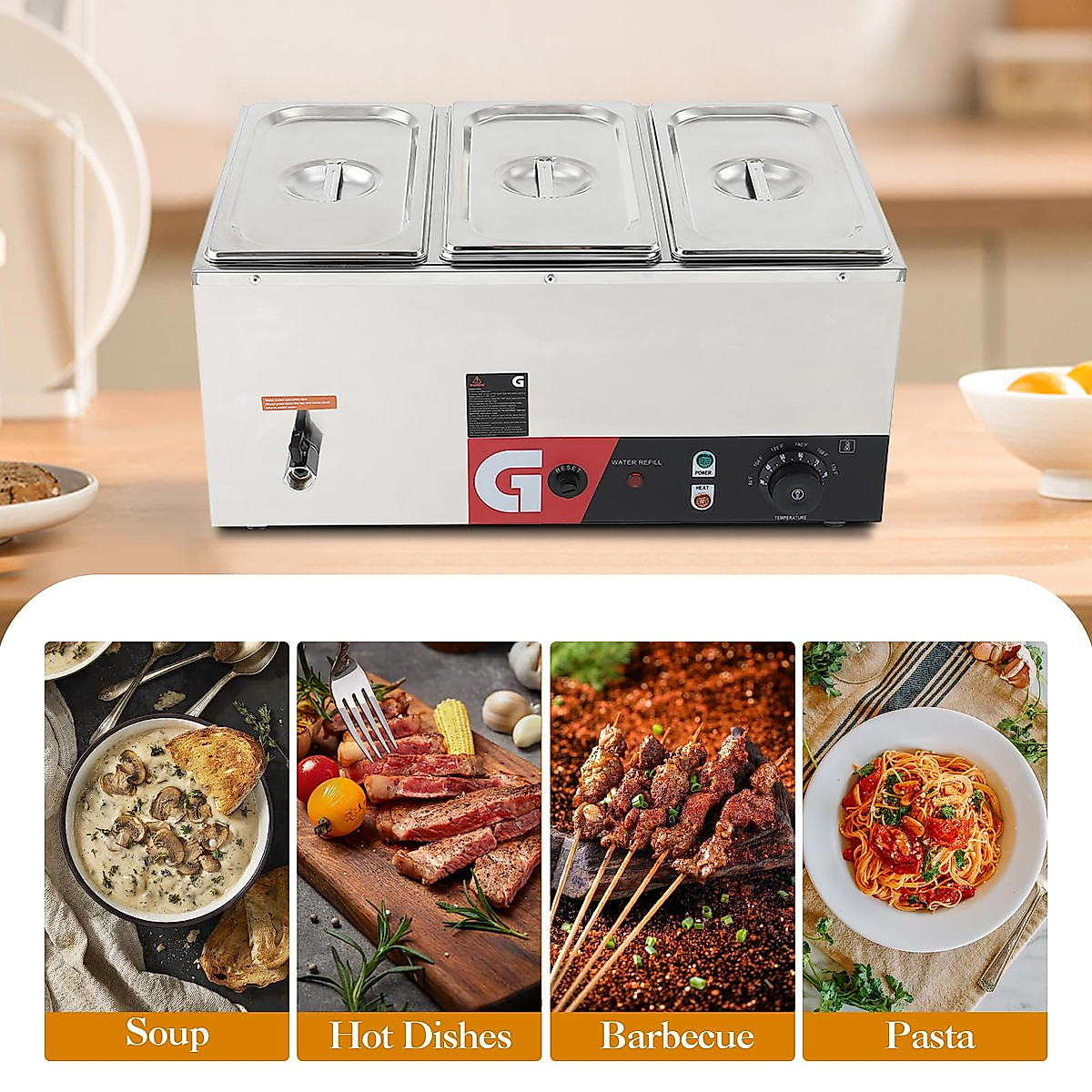 GarveeHome 3 Pan Commercial Food Warmer - 3 * 6.3QT Generous Capacity, 1200W Electric Steam Table, Stainless Steel, Efficient Heating, 86-185°F Temp Control for Catering and Restaurants