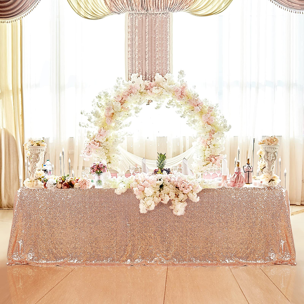 QueenDream Rectangle Tablecloth 90x132 Inch Rose Gold Sequin Table Cloth for Wedding Sweetheart Table Reception Table Birthday Party Cake Table Decoration