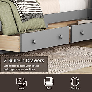 Queen Size Country Style Wooden Platform Bed Frames with 2 Storage Drawers, Modern Platform Bed with Headboard/Footboard, Noise-Free for Bedroom Boys Girls Adults Teens, Solid Wood Slat Support(Gray)