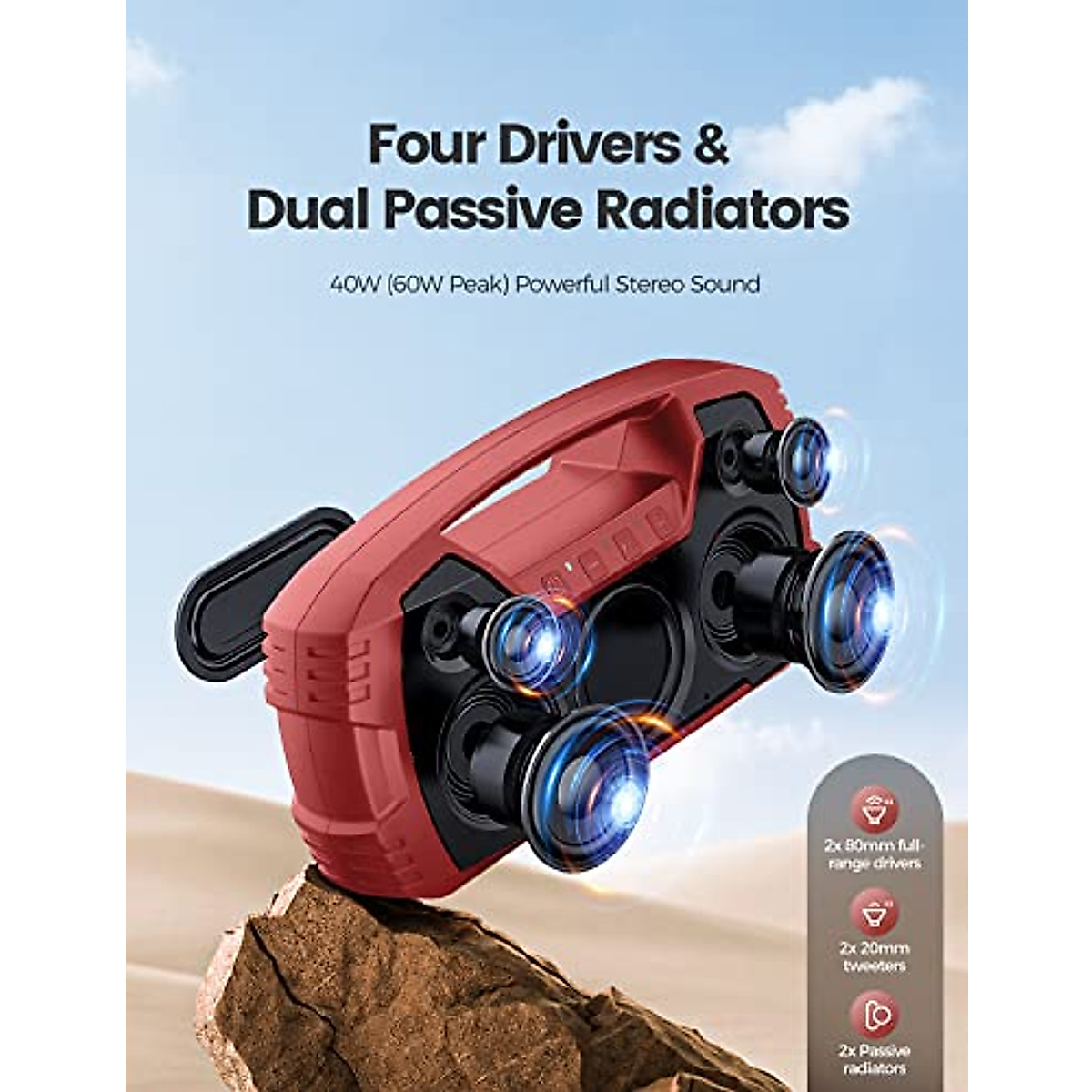 IPX7 Waterproof Bluetooth Speaker, 40W Portable Wireless Speaker, 32H Playtime, Stereo Loud Sound, Deep Bass, Outdoor Speaker with Handle, Bluetooth 5.0, Built-in Mic for Camping,Party,Pool,Beach-Red