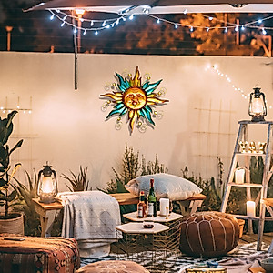 14 Inch Metal Sun Wall Art Decor Hanging Wall Decor,Sunface Wall Sculpture Glass Hanging Ornament,Home Decor Artistic Sun Face Metal Wall Sculpture for Home/Garden/Yard/Farmhouse