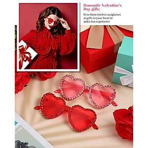 TOODOO 2 Pairs Rhinestone Heart Sunglasses Heart Shape Rimless Sunglasses for Women Transparent Heart Glasses (Pink, Red)
