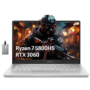 ASUS ROG Zephyrus G14 Gaming Laptop, 14" FHD 144Hz Display, AMD Ryzen 7-5800HS, NVIDIA GeForce RTX 3060 6G, 40GB RAM, 4TB PCIe SSD, Backlit Keyboard, Win 11 Pro, White, 32GB Hotface USB Card