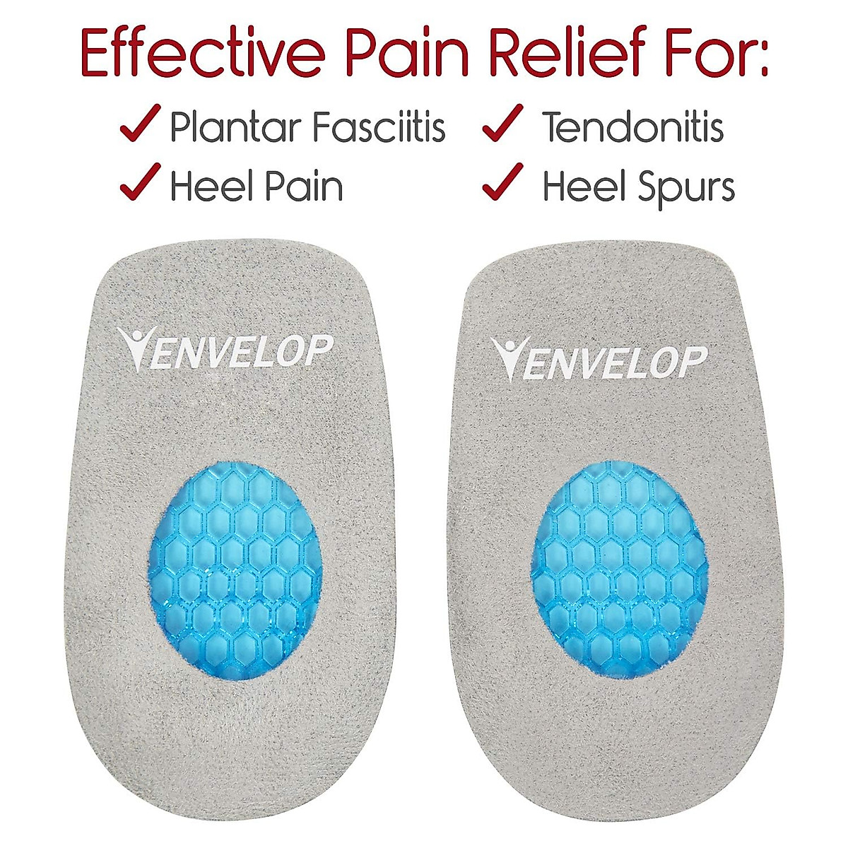 Vive Envelop Gel Heel Cups - Heel Cushion for Women, Men, Bone Spur, Plantar Fasciitis Support - Shoe Inserts Provide Foot Pain Relief