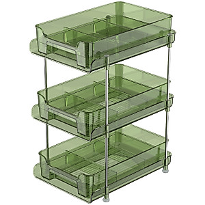 NPET 3 Tier Clear Green Organizer with Dividers for Bathroom, Sliding Cabinet Under Sink Organizer Kitchen, Pull Out Under Cabinet Organizer Storage Container for Pantry, Vanity, Medicine, Counter