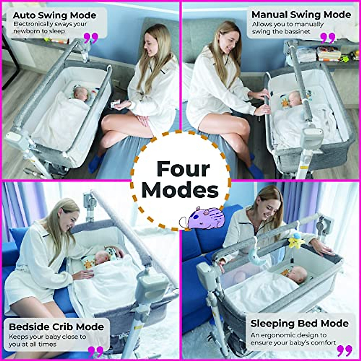 BABY K Electronic Rocking Bedside Bassinet (Grey) - 4 in 1 Automatic Swaying Mesh Baby Bassinet Co Sleeper Crib with 5 Swing Motions, 3 Timer Setting & Bluetooth Music Control for Infant & Toddlers