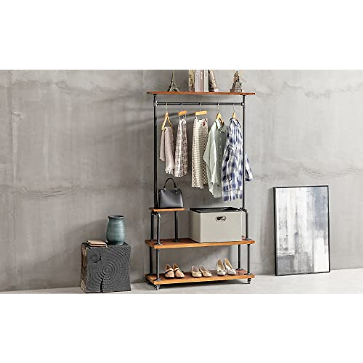 DOFURNILIM Industrial Clothing Rack, Pipe Style Rolling Garment Rack, Heavy Duty Steampunk Clothes Rack, Hall Tree on Wheels with Shelf and Shoes Storage for Home, Retail Store, Rustic Wood