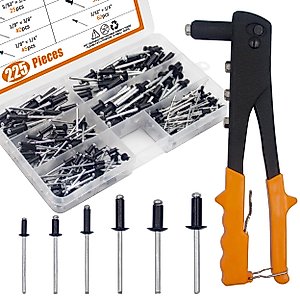 ISPINNER 225pcs Black Aluminum Blind Rivets Assortment Kit with Heavy Duty Hand Riveter Rivet Gun Tool, 6 Sizes Pop Rivets with Divider & Labeled Case