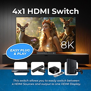 OREI 8K HDMI 2.1 Switch 4x1, Switcher UltraHD Supports Upto 4K @ 120Hz VRR, Dolby Vision, ALLM, Audio SwitchingPS5, Xbox, Gaming, Remote Contorl IR HDCP 2.3 CEC