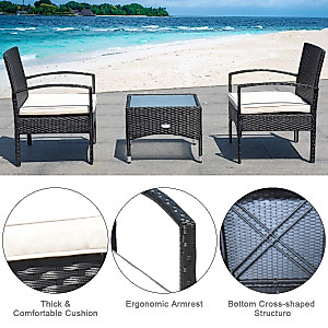 Tangkula 3 PCS Patio Wicker Rattan Furniture Set, Rattan Chair with Coffee Table, High Load Bearing Chair Conversation Sets for Patio Garden Lawn Backyard Pool (Black)