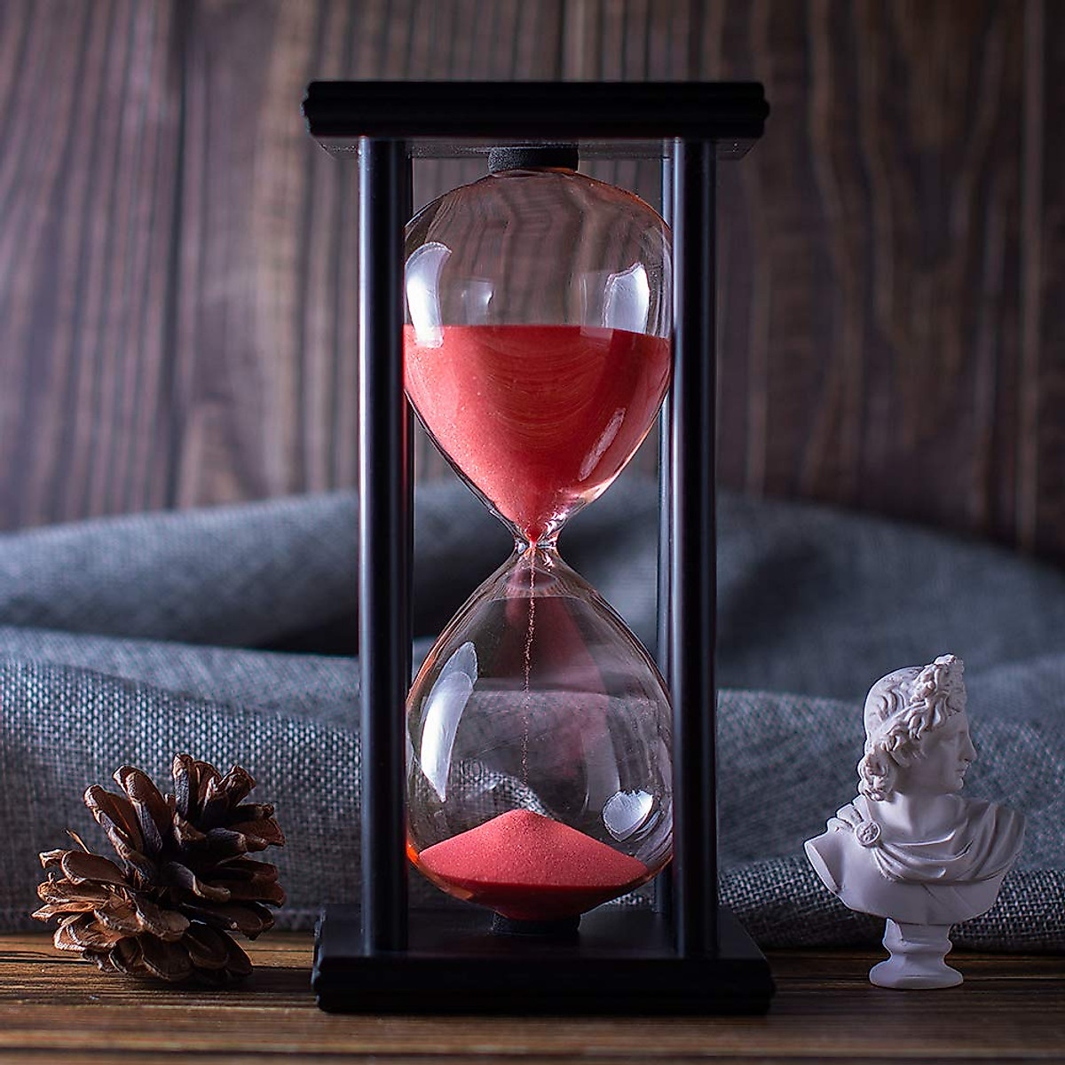 Hourglass Timer with Red Sand, 60 Minute Wooden Frame Sand Timer, Creative Handcraft Decoration
