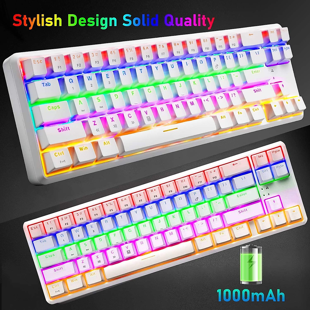 Wireless Mechanical Gaming Keyboard,60% Ultra-Compact Blue Backlit Rechargeable Bluetooth Dual Wired/Wireless Blue Switches Computer Keyboard for Multi-Device Phone Android Mobile(White Rainbow)