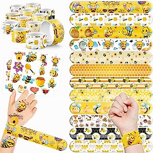 48PCS Bee Party Favors 24PCS Tattoos 24PCS Slap Bracelets Wristbands Themed Birthdays Party Supplies Decorations Decor Honey Bee Day Pattern Girl Gifts School Classroom Prize Baby Shower