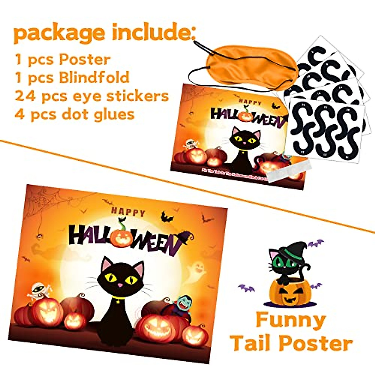 MISS FANTASY Halloween Games for Kids Pin the tail on The Cat Halloween Party Activities for Kids Party