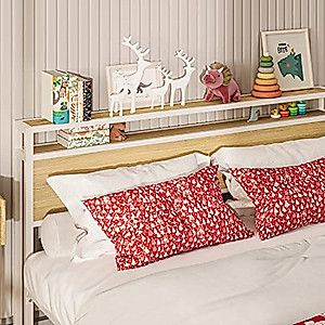 LIKIMIO Full Size Bed Frame, Platform Bed Frame with 2-Tier Storage Headboard, Solid and Stable, Noise Free, No Box Spring Needed, Easy Assembly, White and Log
