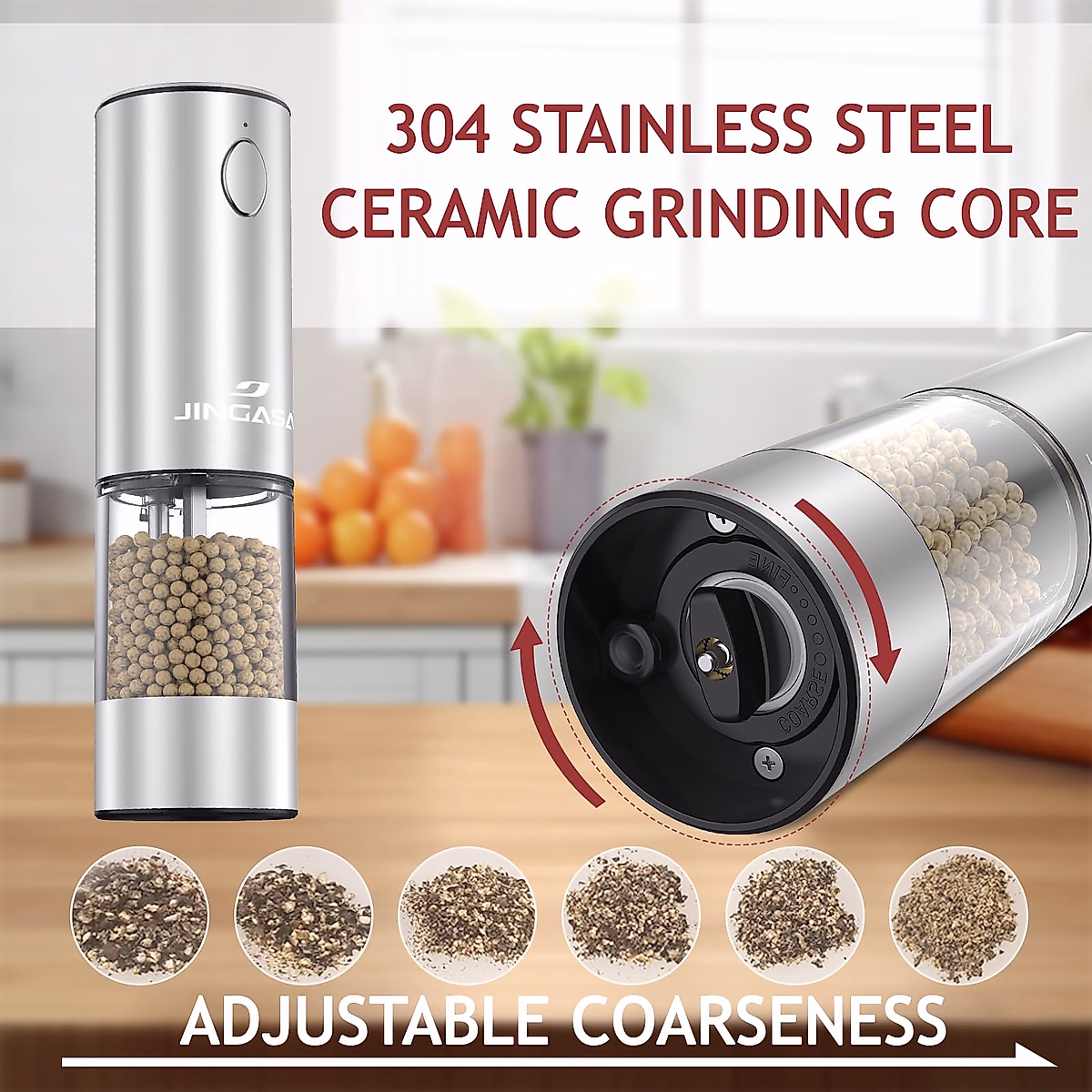 [Upgraded Larger Capacity] Electric Salt and Pepper Grinder Set with USB Charging Base, 95ml Large Capacity, Adjustable Coarseness,Stainless Steel Automatic Pepper Mill with One-Hand Operation, 2 Pack