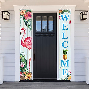 AnyDesign Flamingo Welcome Porch Sign Summer Hawaiian Door Sign Tropical Aloha Hanging Door Banner for Indoor Outdoor Carnival Luau Party Home Wall Door Decoration, 12 x 71 Inch