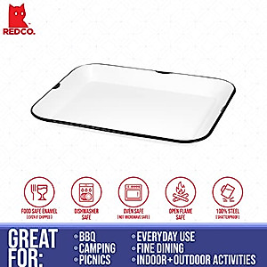 Red Co. 13.5” x 10” Enamelware Metal Classic 1.6-Quart Rectangular Serving Tray, Distressed White/Black Rim