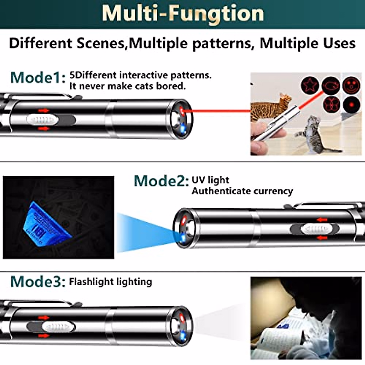 Danigh-buy Cat Pointer Toy,Dog Laser Pointer,7 Adjustable Patterns Laser,Long Range 3 Modes Training Chaser Interactive Toy,USB Recharge